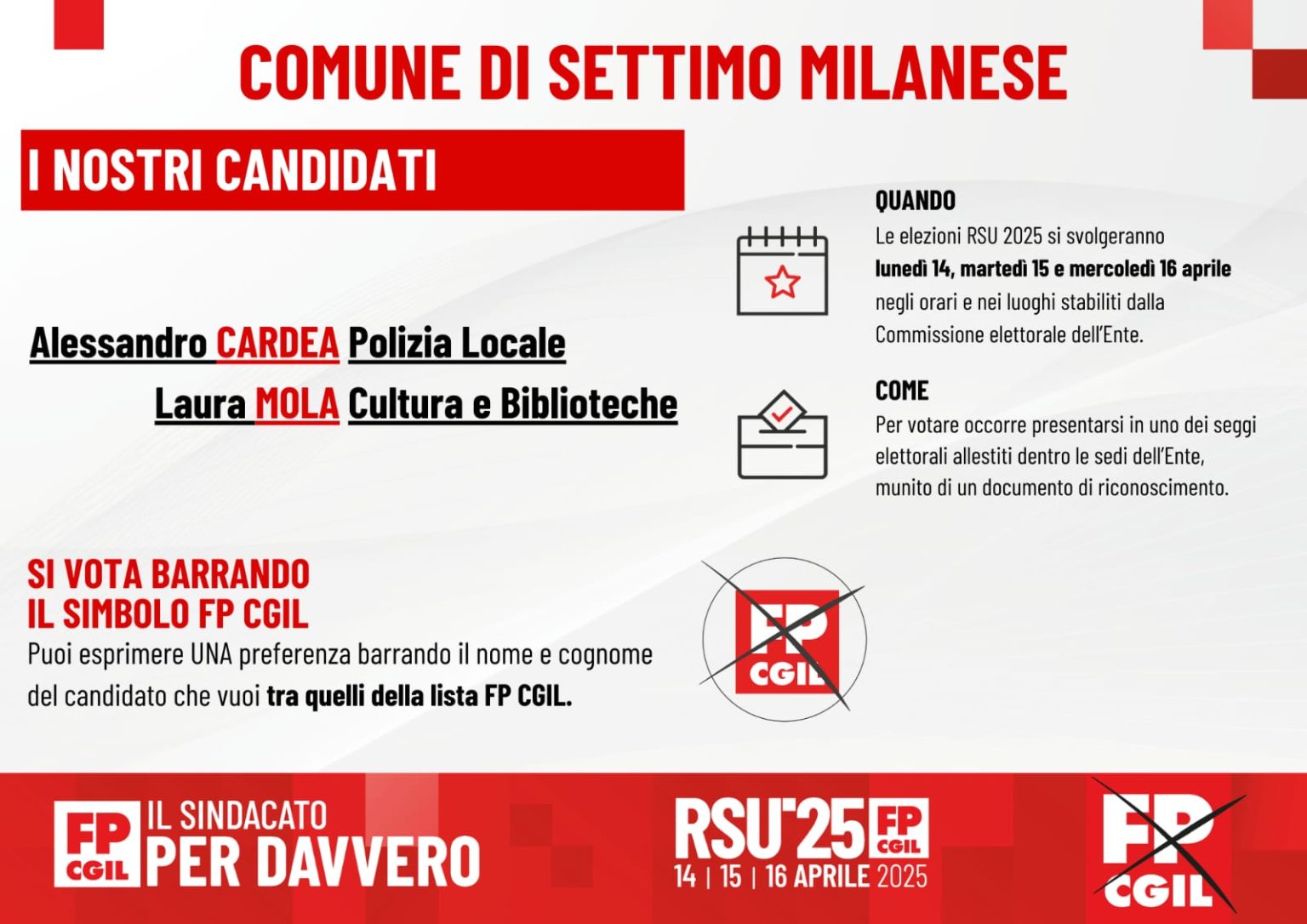 Rsu 2025 con Fp Cgil / La candidata e il candidato al Comune di Settimo Milanese - FP CGIL Lombardia